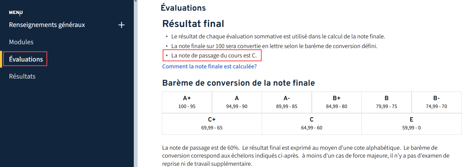 Centre d'aide Brio | Consulter la note de passage du cours