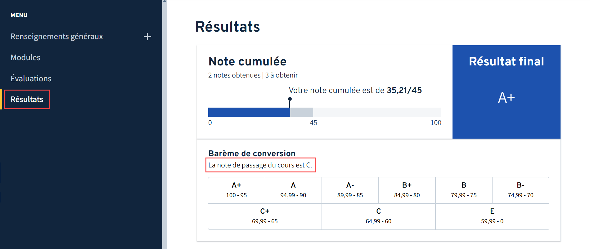 Centre d'aide Brio | Consulter la note de passage du cours